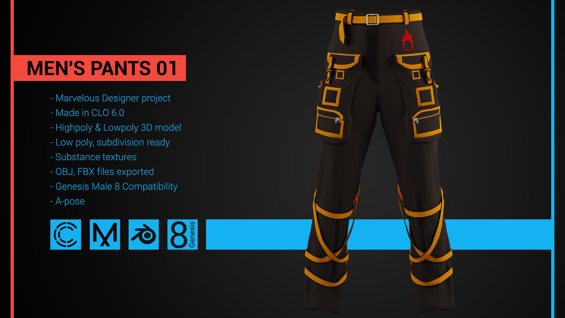 3D model Men pants Marvelous Designer CLO project VR / AR / low-poly ...