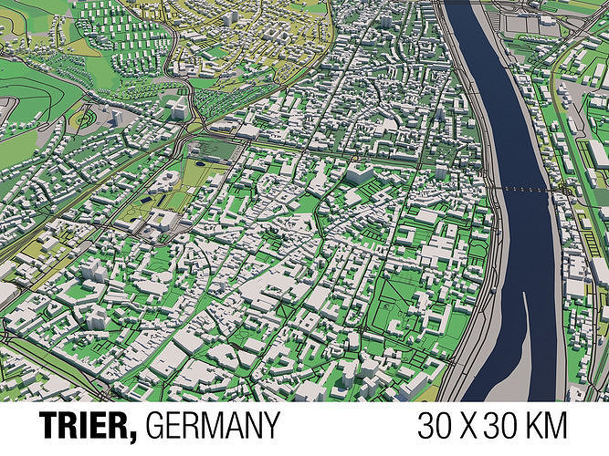 Trier Germany 30x30km City Map 3D model | CGTrader
