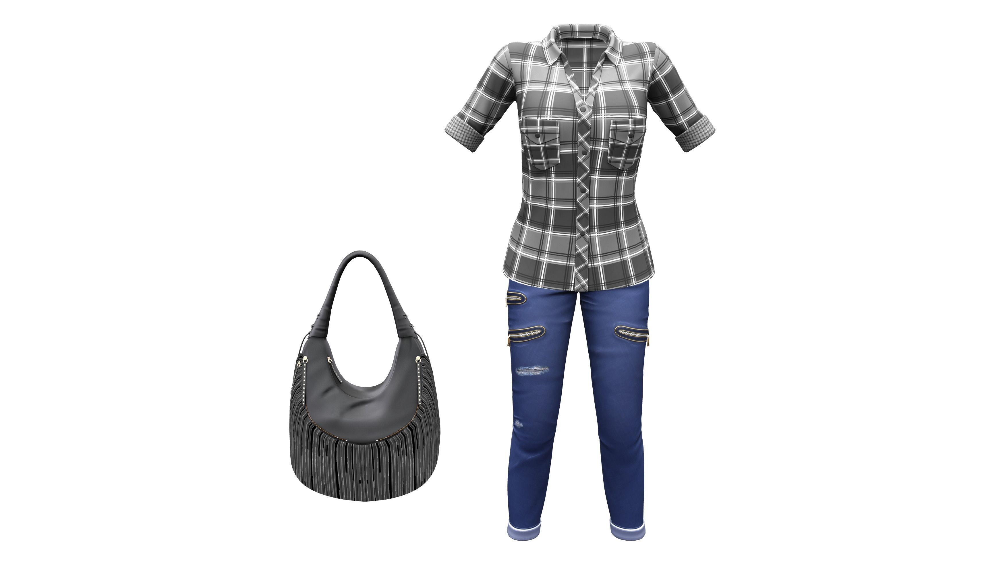 3D model Checkered Shirt Denims Handbag Casual Outfit VR / AR / low ...