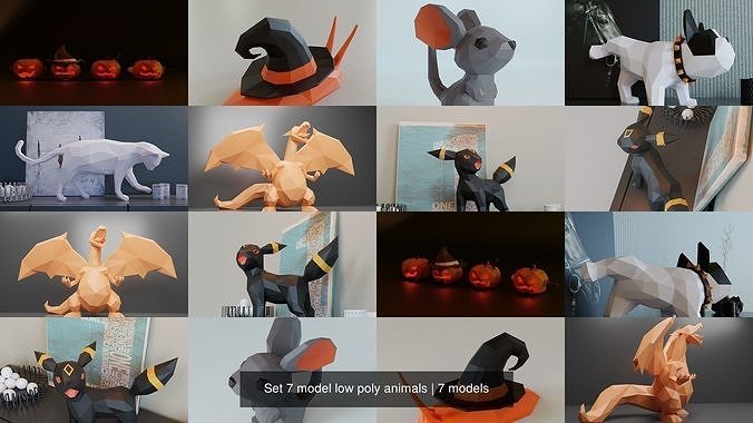 3D Model Collection Set 7 model low poly animals polygonal mouse VR ...