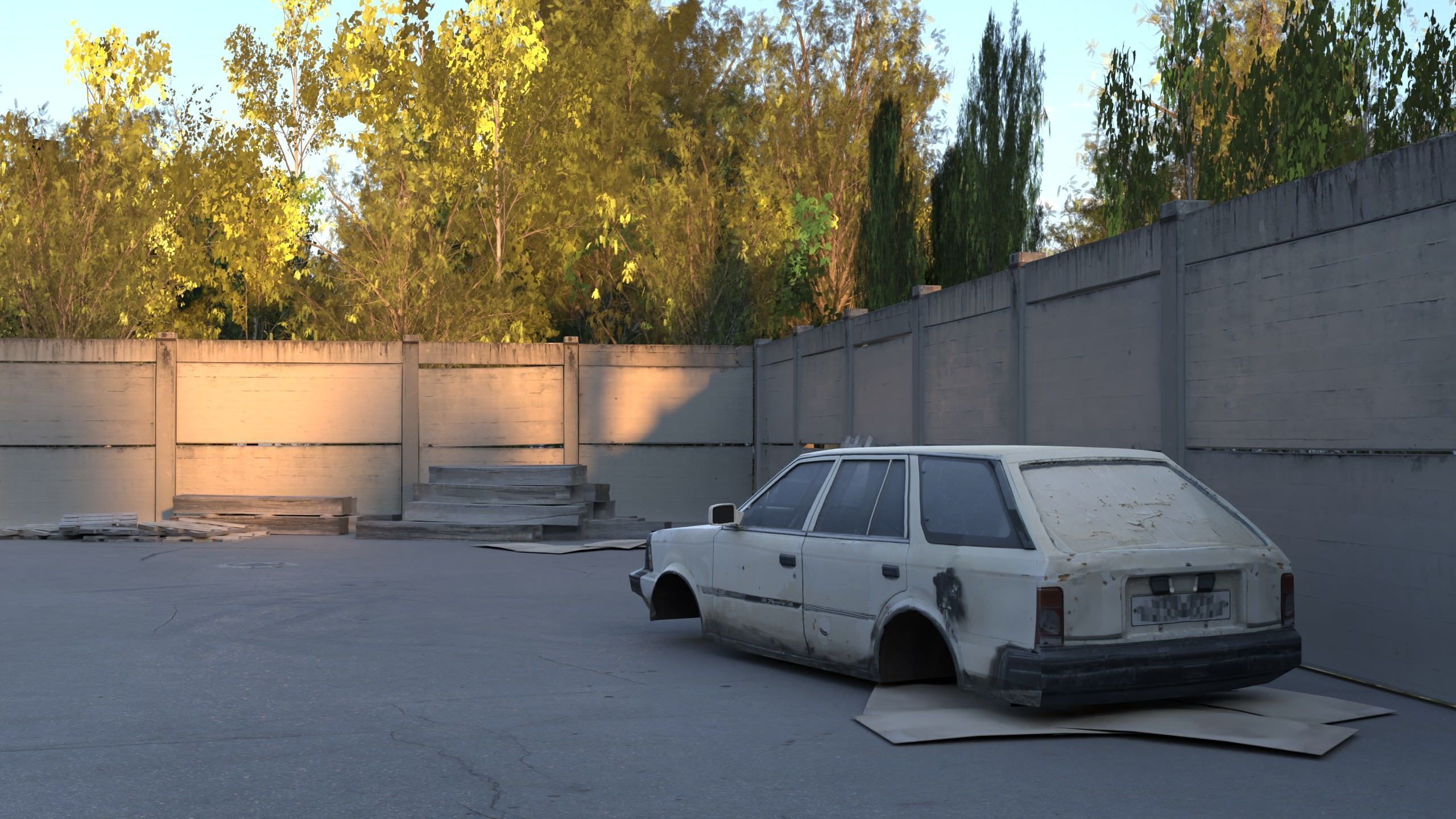 3D model Square empty parking lot with trees and car VR / AR / low-poly ...