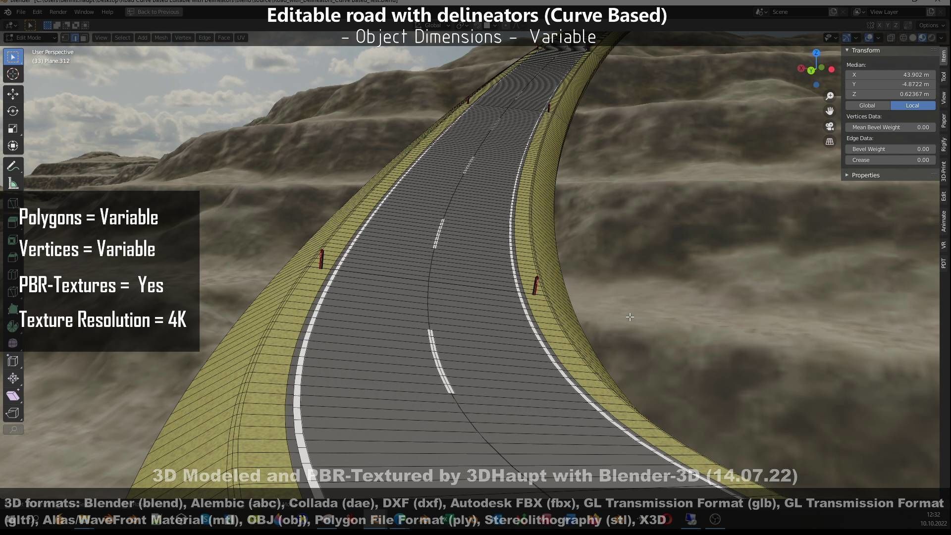 3D model Editable Road with Delineators - Curve Based VR / AR / low ...