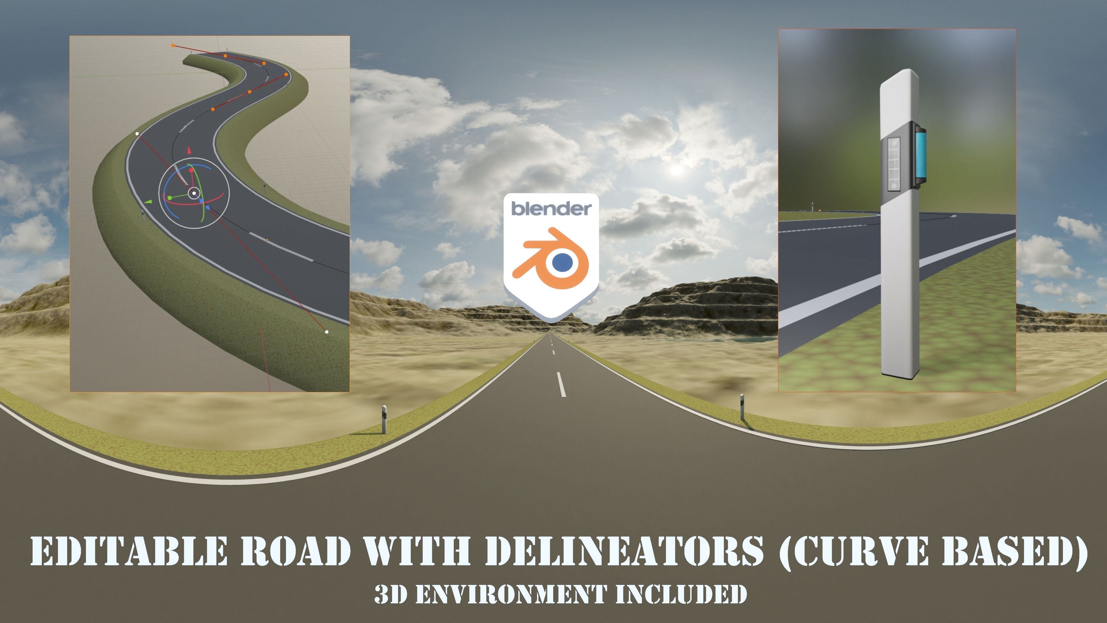 3D model Editable Road with Delineators - Curve Based VR / AR / low ...
