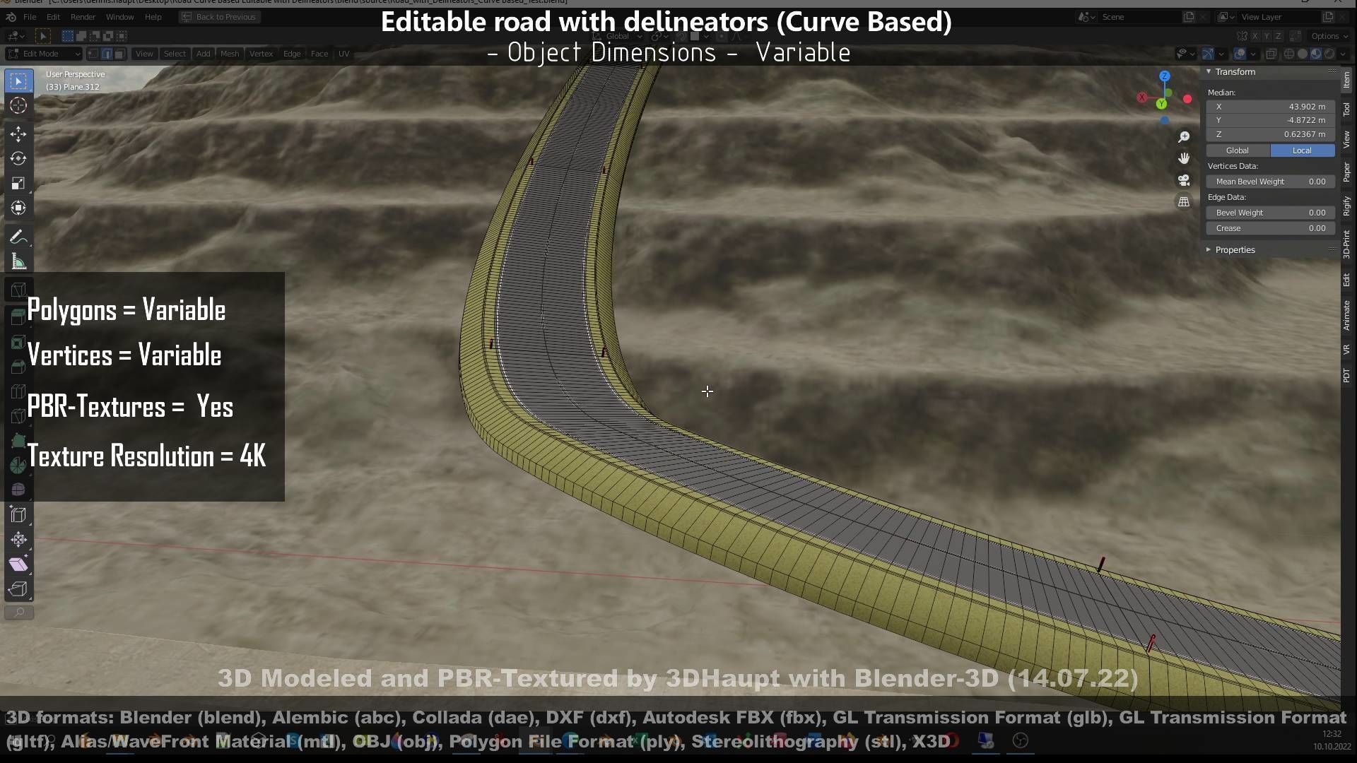3D model Editable Road with Delineators - Curve Based VR / AR / low ...