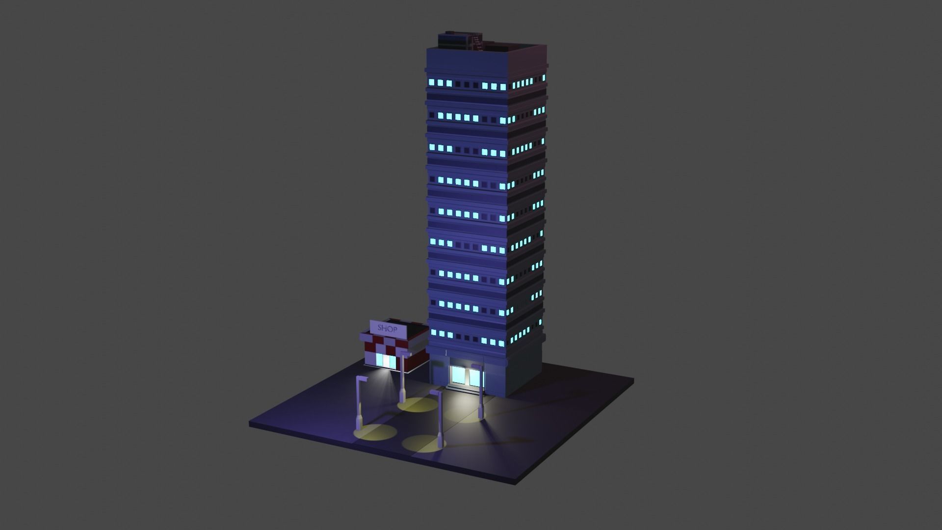 City center single building and shop at night free VR / AR / low-poly ...