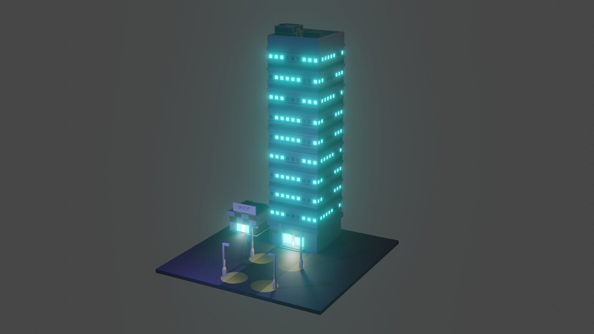 City center single building and shop at night free VR / AR / low-poly ...