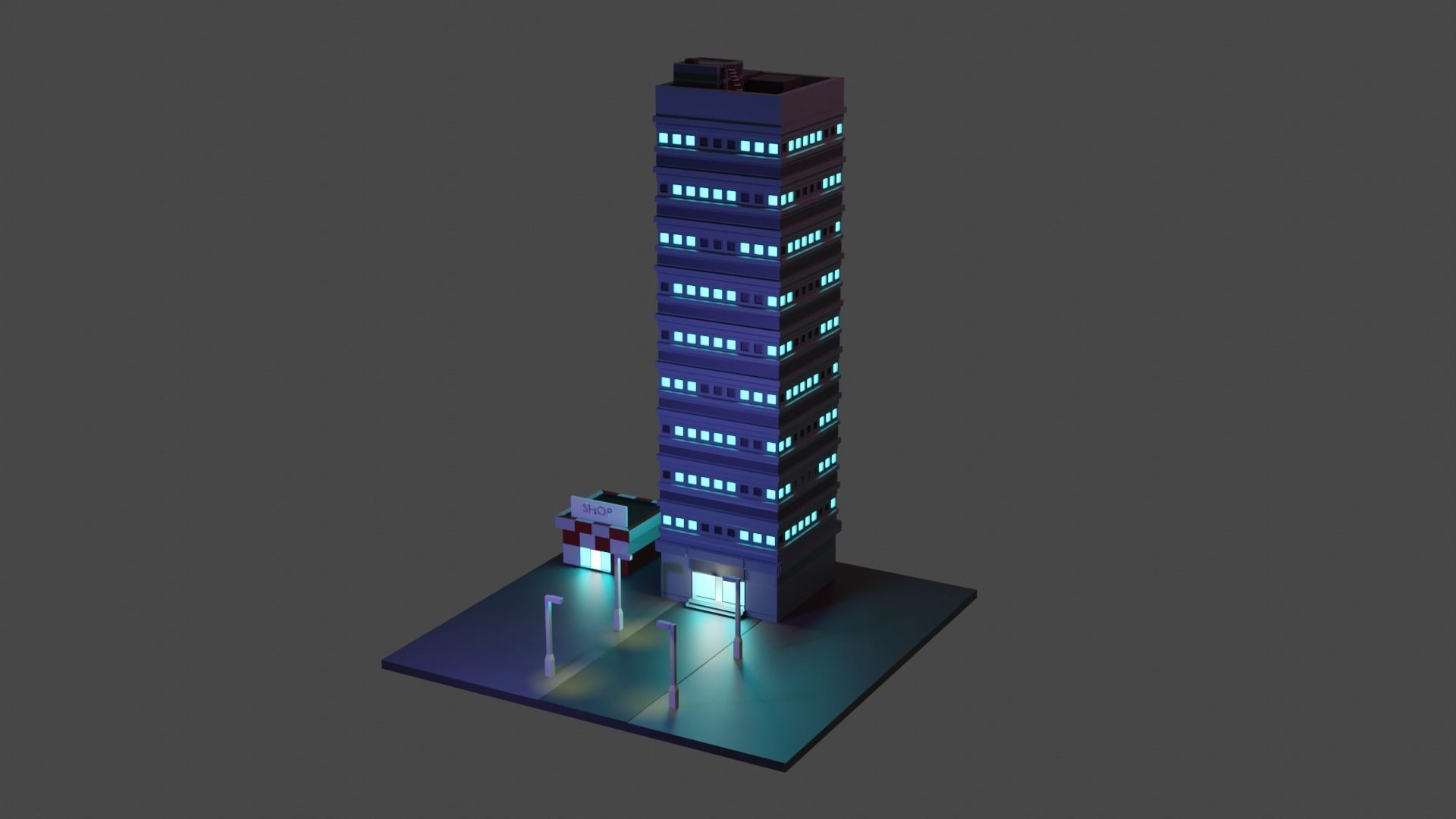 City center single building and shop at night free VR / AR / low-poly ...