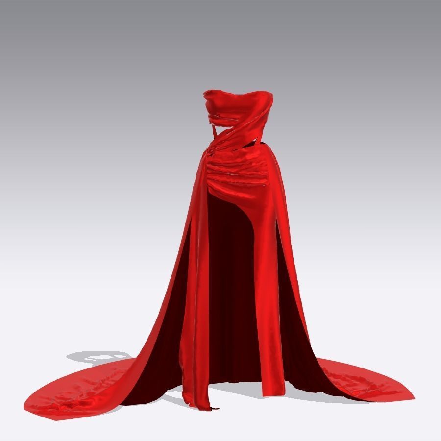 DRESS HEART SHAPED NECKLINE LONG ASYMETRIC SLIT SKIRT DETAIL 3D model ...