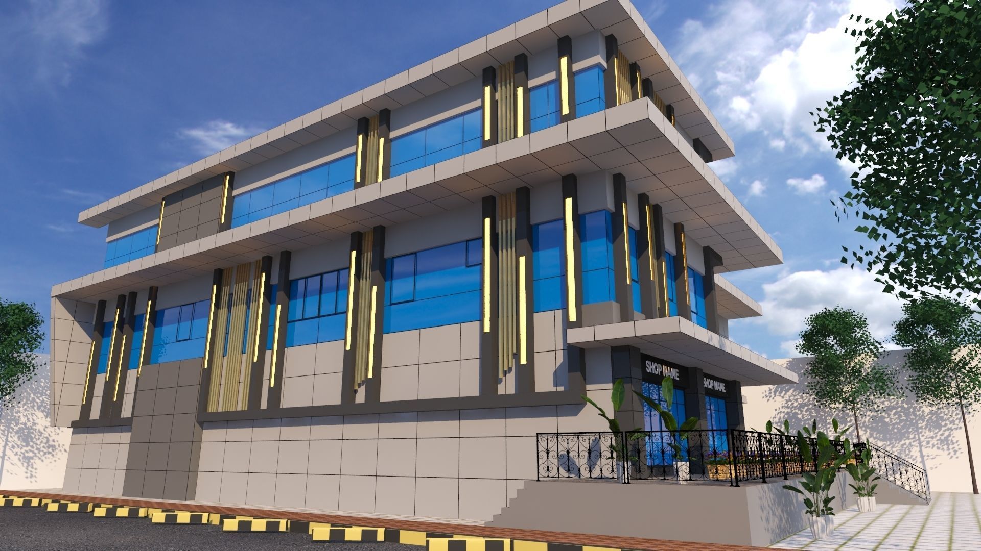 3D model modern commercial building facade design VR / AR / low-poly ...