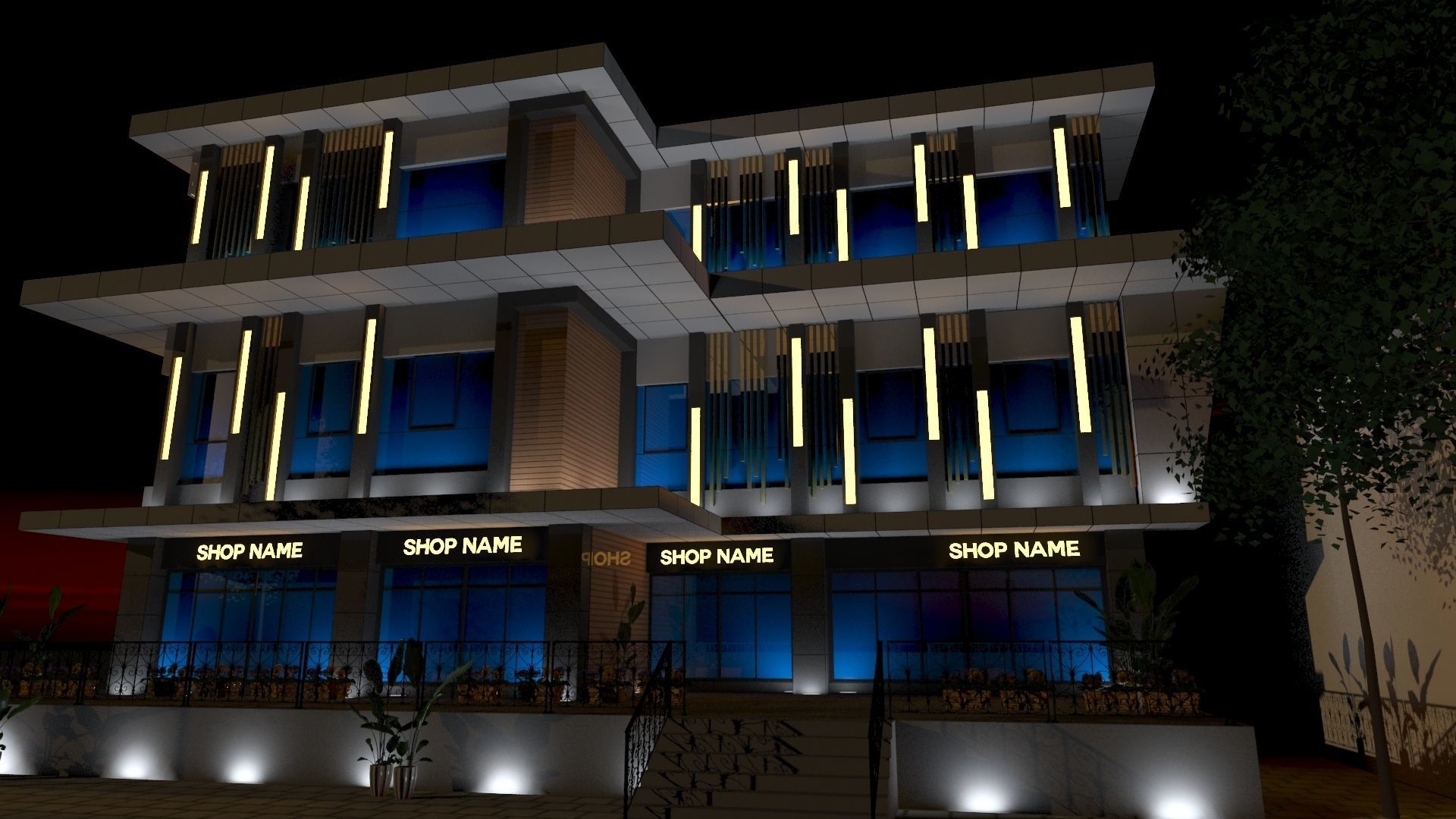 3D model modern commercial building facade design VR / AR / low-poly ...