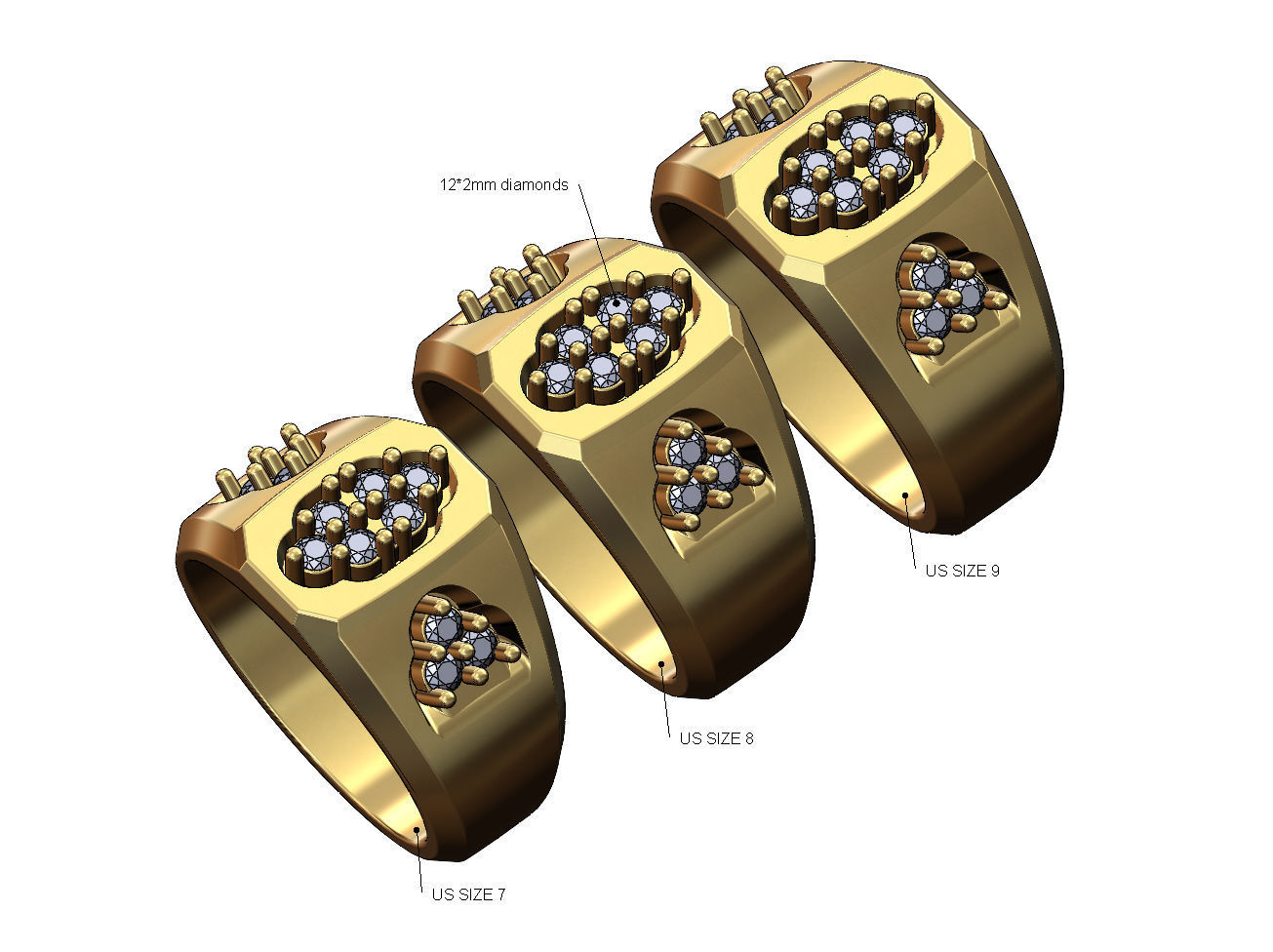 Triangular cluster top and sides diamond signet Us sizes 7 8 9 3D model ...