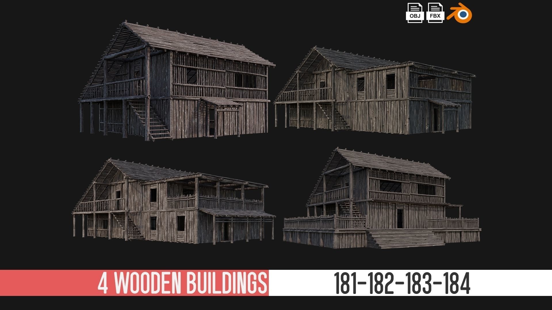 3D model 4 Old Wooden Buildings Pack 4K Textures GameReady 181 to 184 ...
