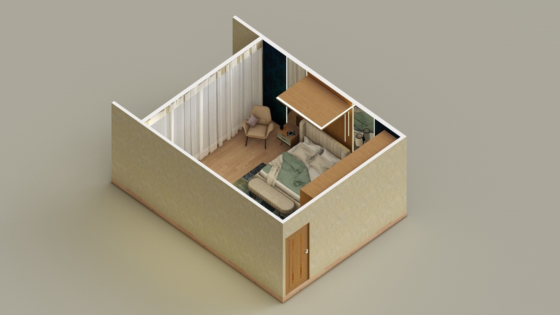 Contemporary style Bedroom with terrace Isometric 3d view 3D model ...