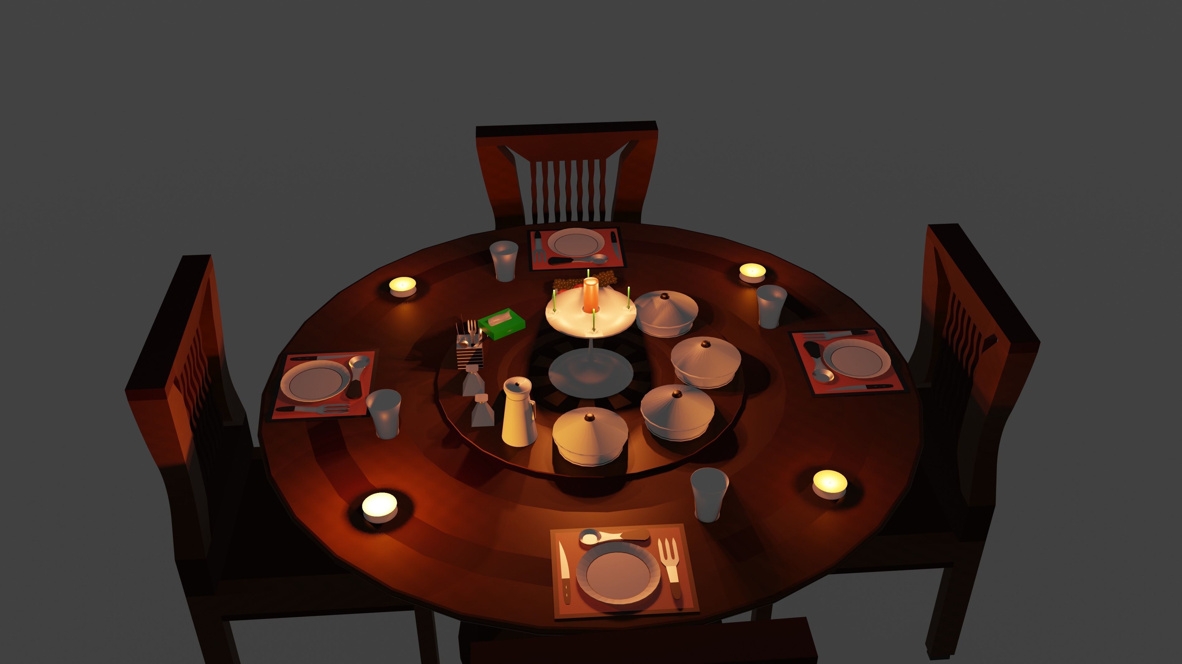 dining table with candle light and day light 3D model animated rigged ...