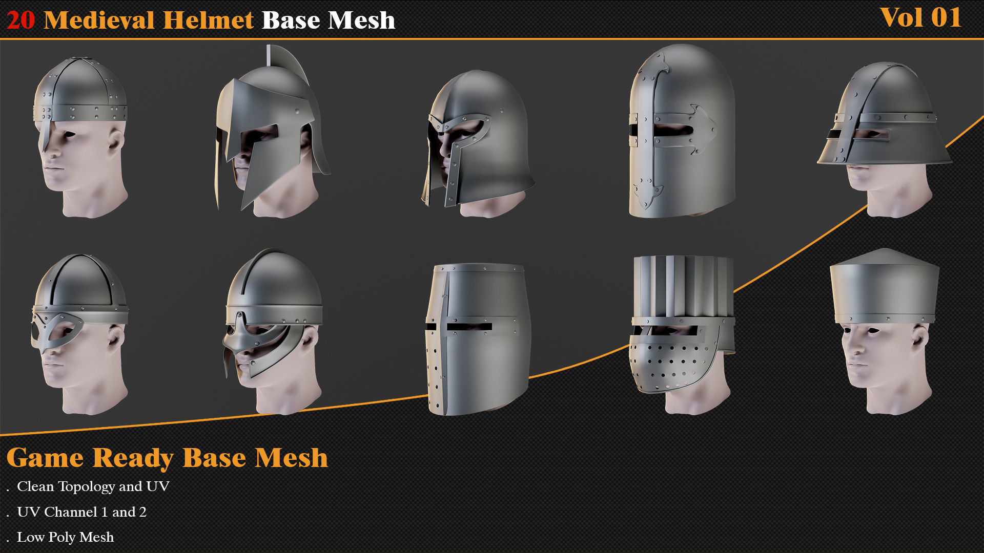 3D model 20 Medieval Helmet Base Mesh Vol 01 Game Ready VR / AR / low ...