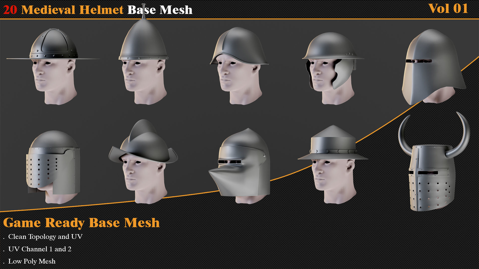 3D model 20 Medieval Helmet Base Mesh Vol 01 Game Ready VR / AR / low ...