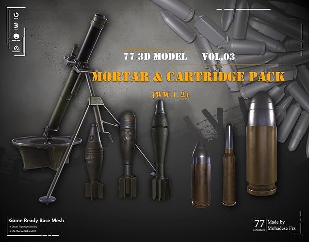 3D model 77 3D Model cartridge and Mortar WW12 Base Mesh -VOL 03 VR / AR / low-poly | CGTrader