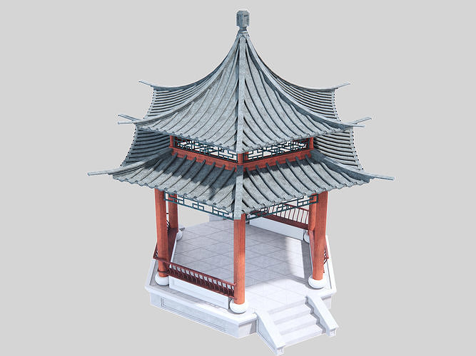 Traditional Chinese Double Eave Roof Hexagonal Pavilion 3D model | CGTrader