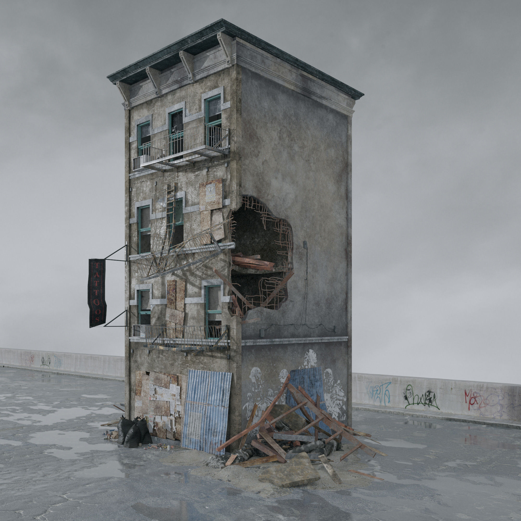 Archmodels vol 265 - collection of post apocalyptic buildings 3D model ...