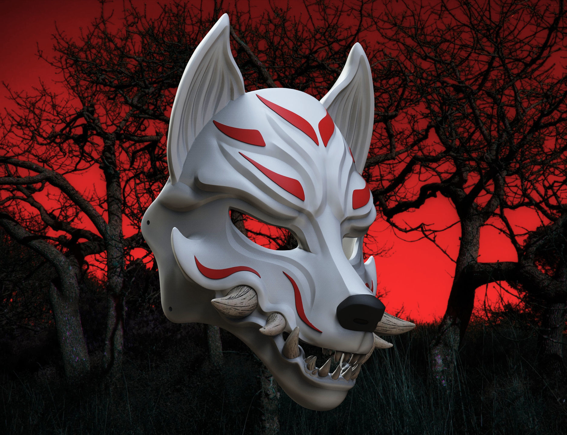 Kitsune Mask with fangs Anime Mask 3D model 3D printable | CGTrader