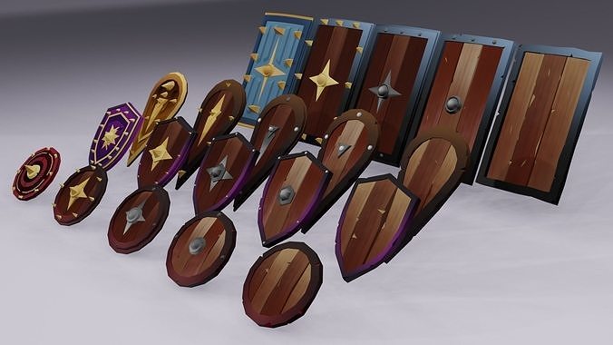 Low poly Shields group of wooden free VR / AR / low-poly 3D model ...