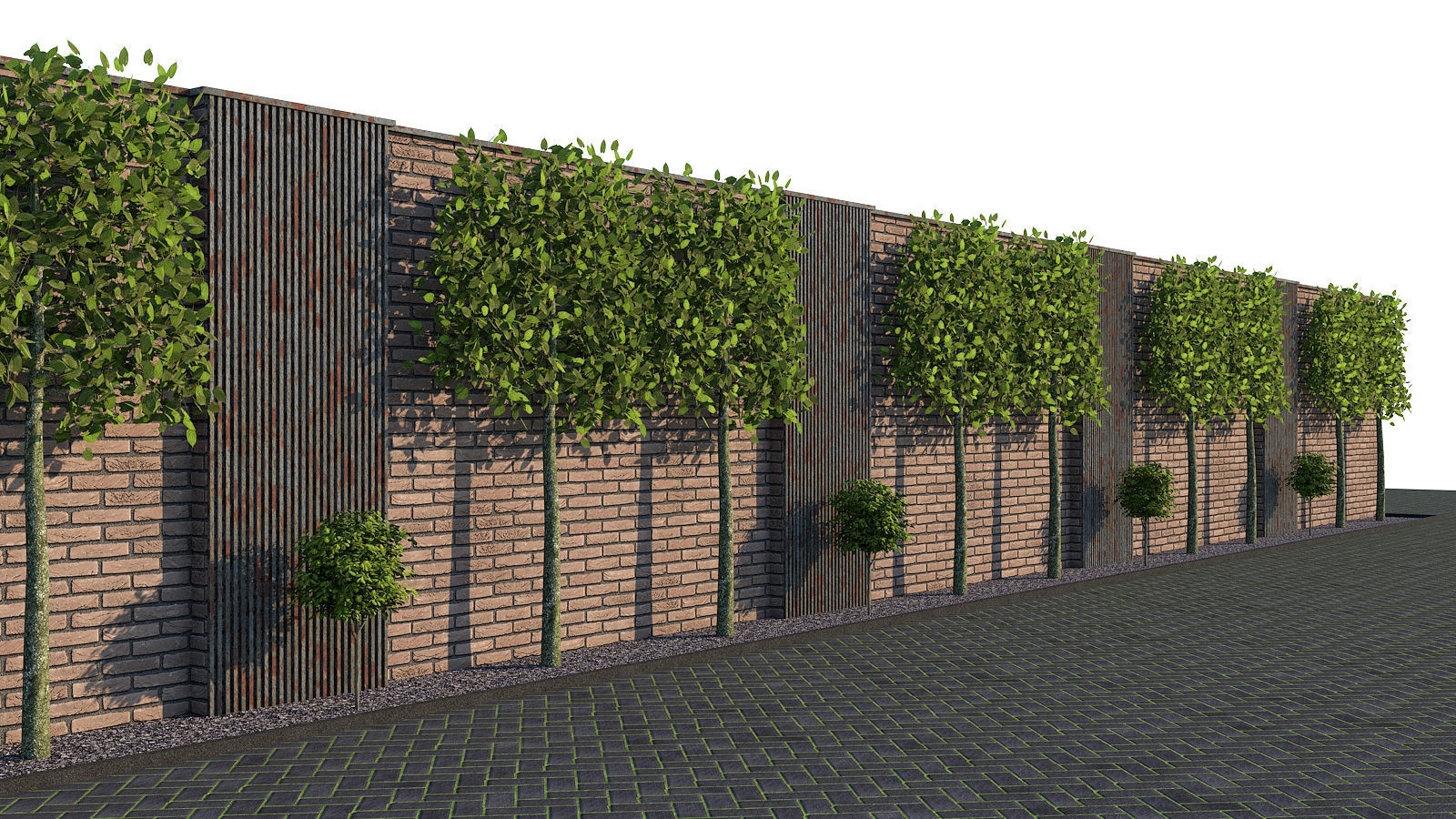 Brick Fence With Pleached Trees 3D model | CGTrader