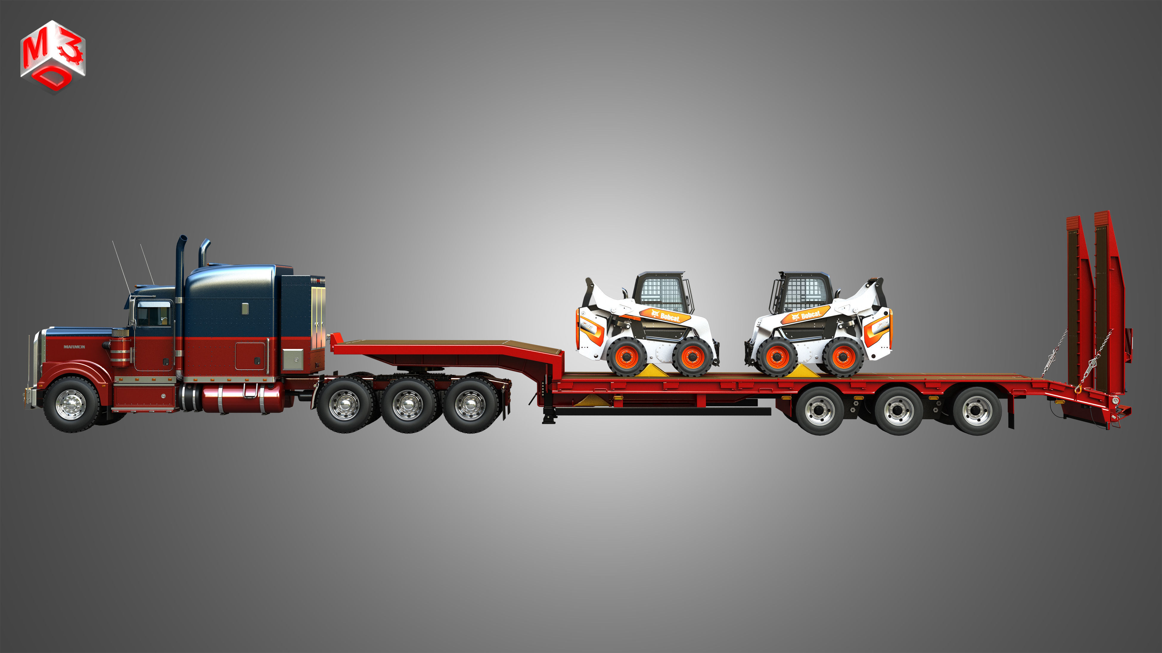 57P Heavy Duty Tri Axle Semi Truck with S76 Skid Steer 3 in 1 3D Model ...