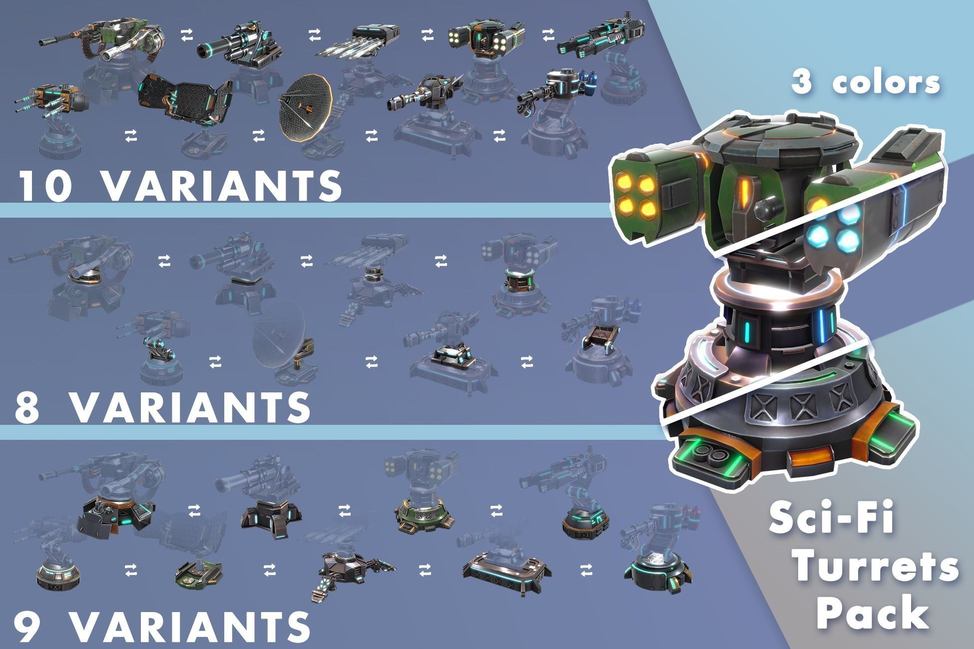 3D model Tower Defence Sci-Fi Turrets Pack VR / AR / low-poly | CGTrader