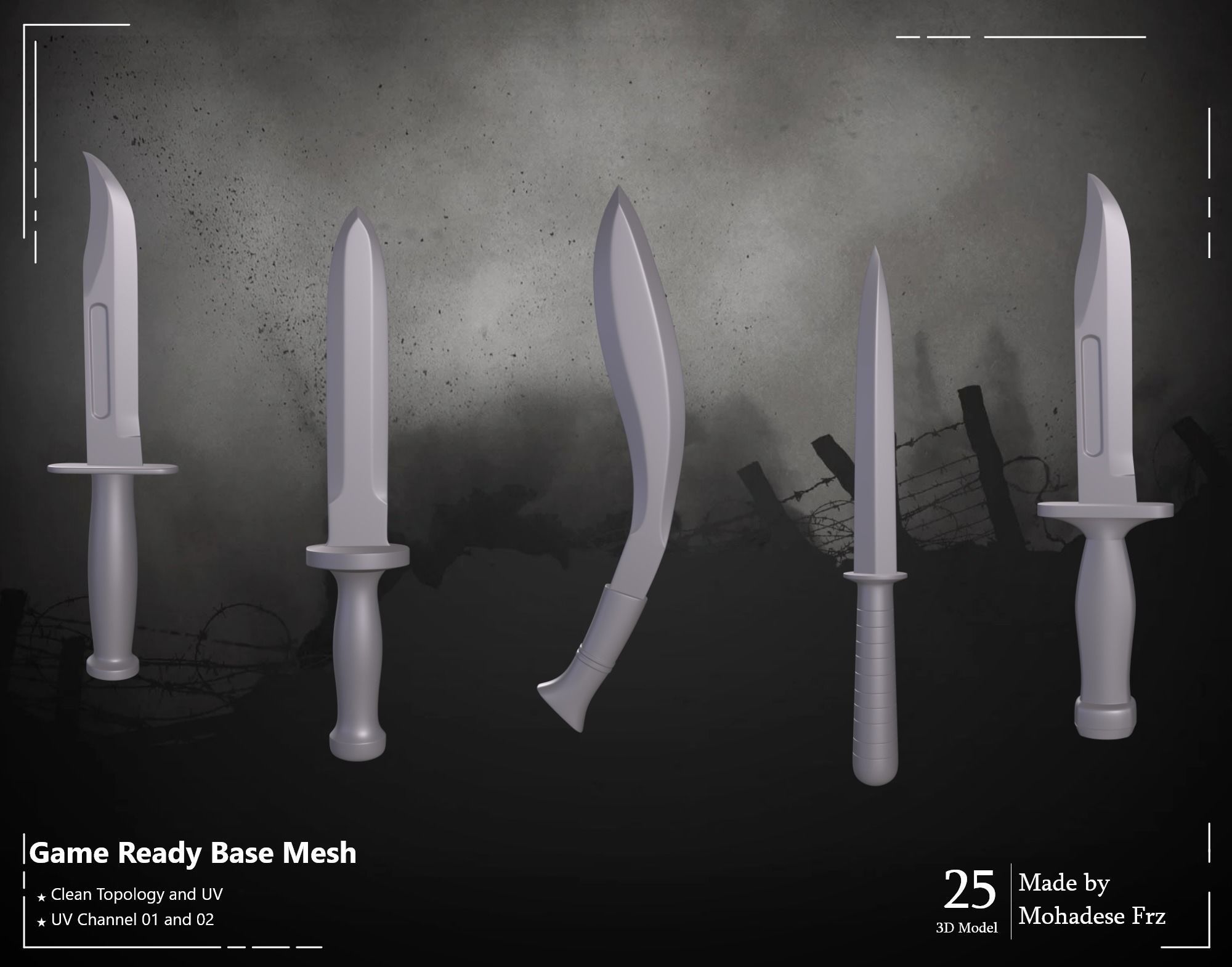 3D model 25 3D Model Knife WW12 Base Mesh - VOL 04 - Game Ready VR / AR / low-poly | CGTrader