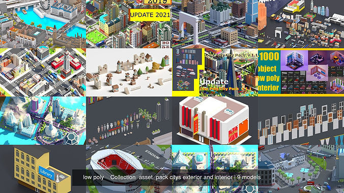 low poly Collection asset pack citys exterior and interior VR / AR / low-poly | CGTrader