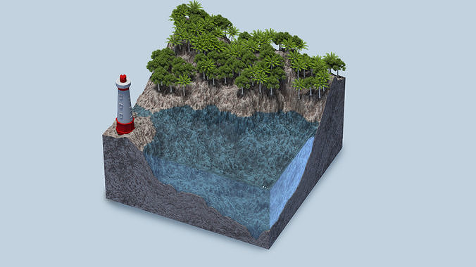 Sea Ocean Lighthouse tree scifi cube bay beach island C4D OC 3D model ...