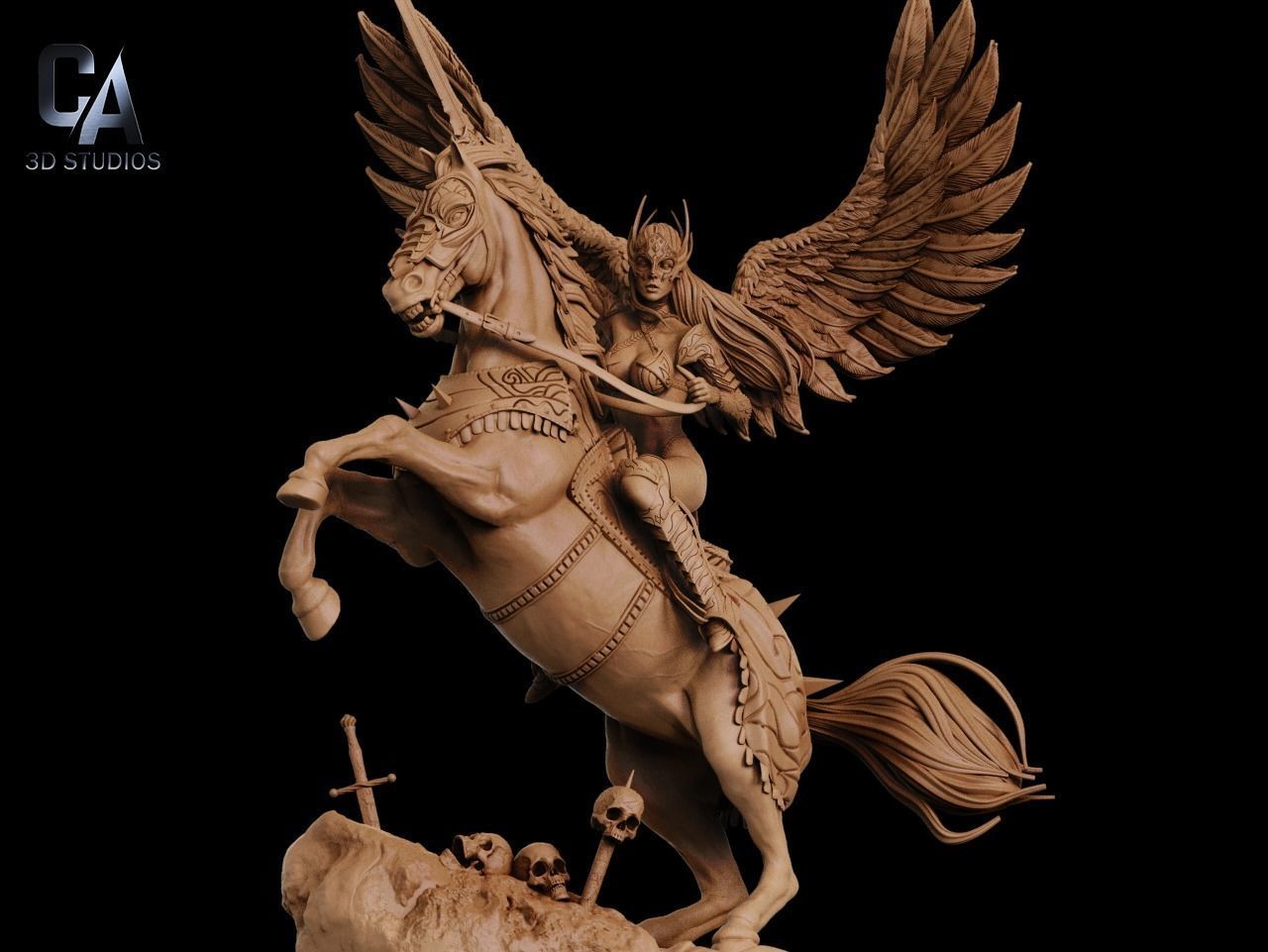 Valkyrie 3D Print wooden statue of angel on horse 3D model 3D printable ...