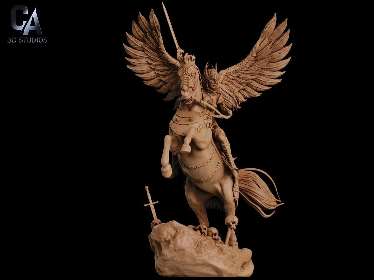 Valkyrie 3D Print wooden statue of angel on horse 3D model 3D printable ...