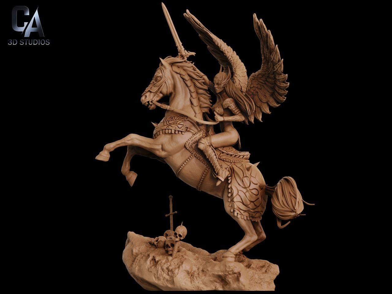 Valkyrie 3D Print wooden statue of angel on horse 3D model 3D printable ...