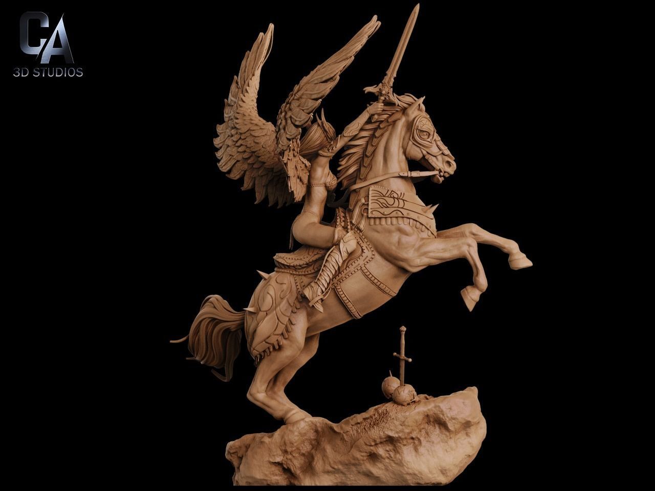 Valkyrie 3D Print wooden statue of angel on horse 3D model 3D printable ...