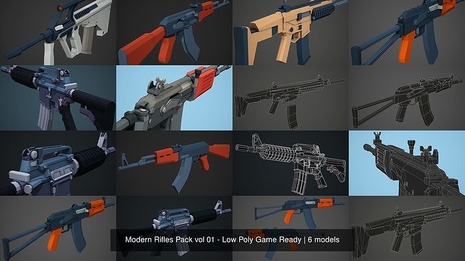3D Model Collection Modern Rifles Pack vol 01 - Low Poly Game Ready VR ...