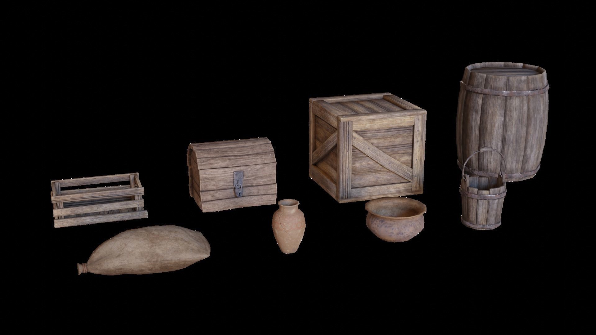 3D model Storage Items - Crates Chest Bucket Sack Vase Pot Barrell VR ...