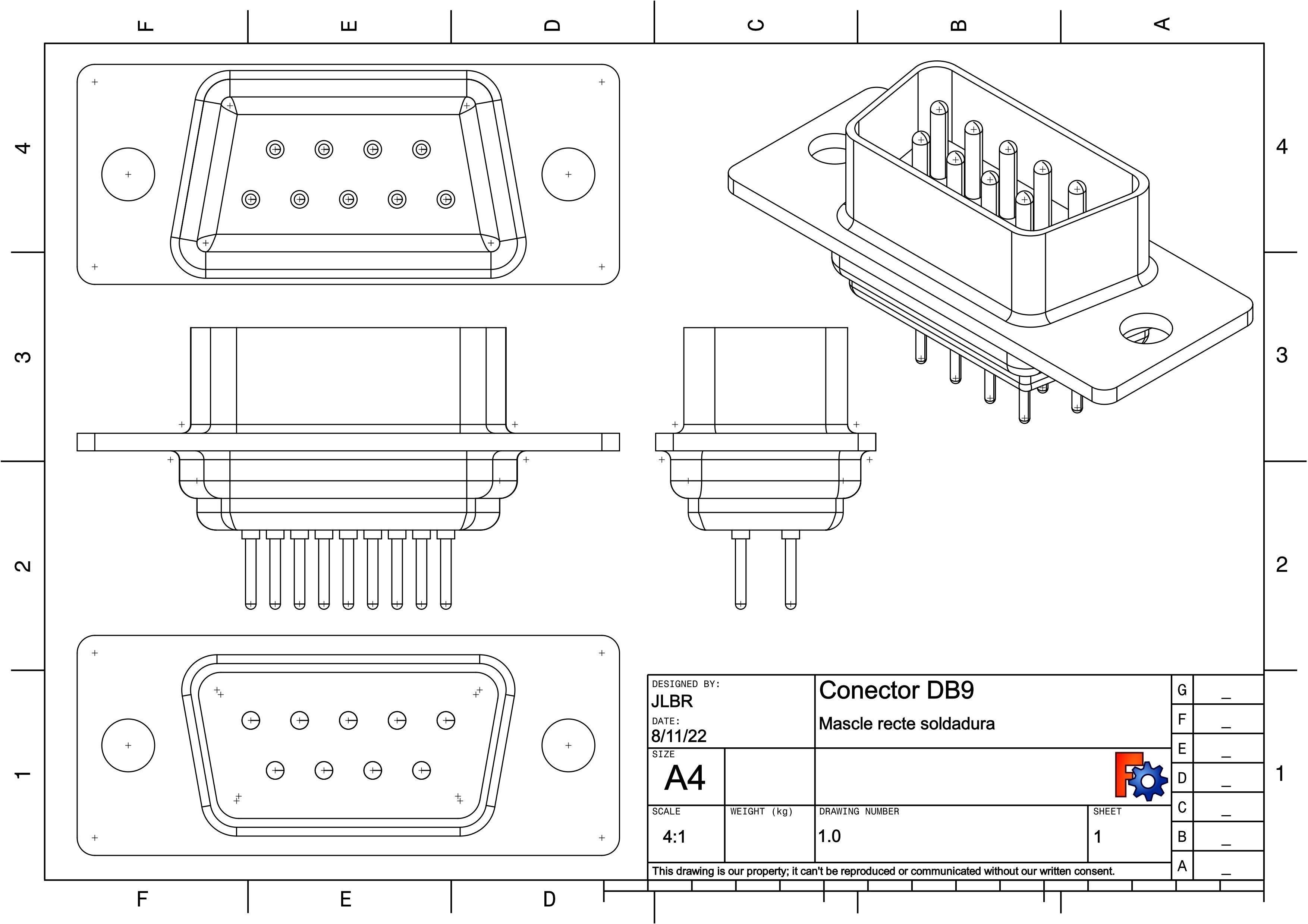 DB9 male connector through hole 3D model | CGTrader
