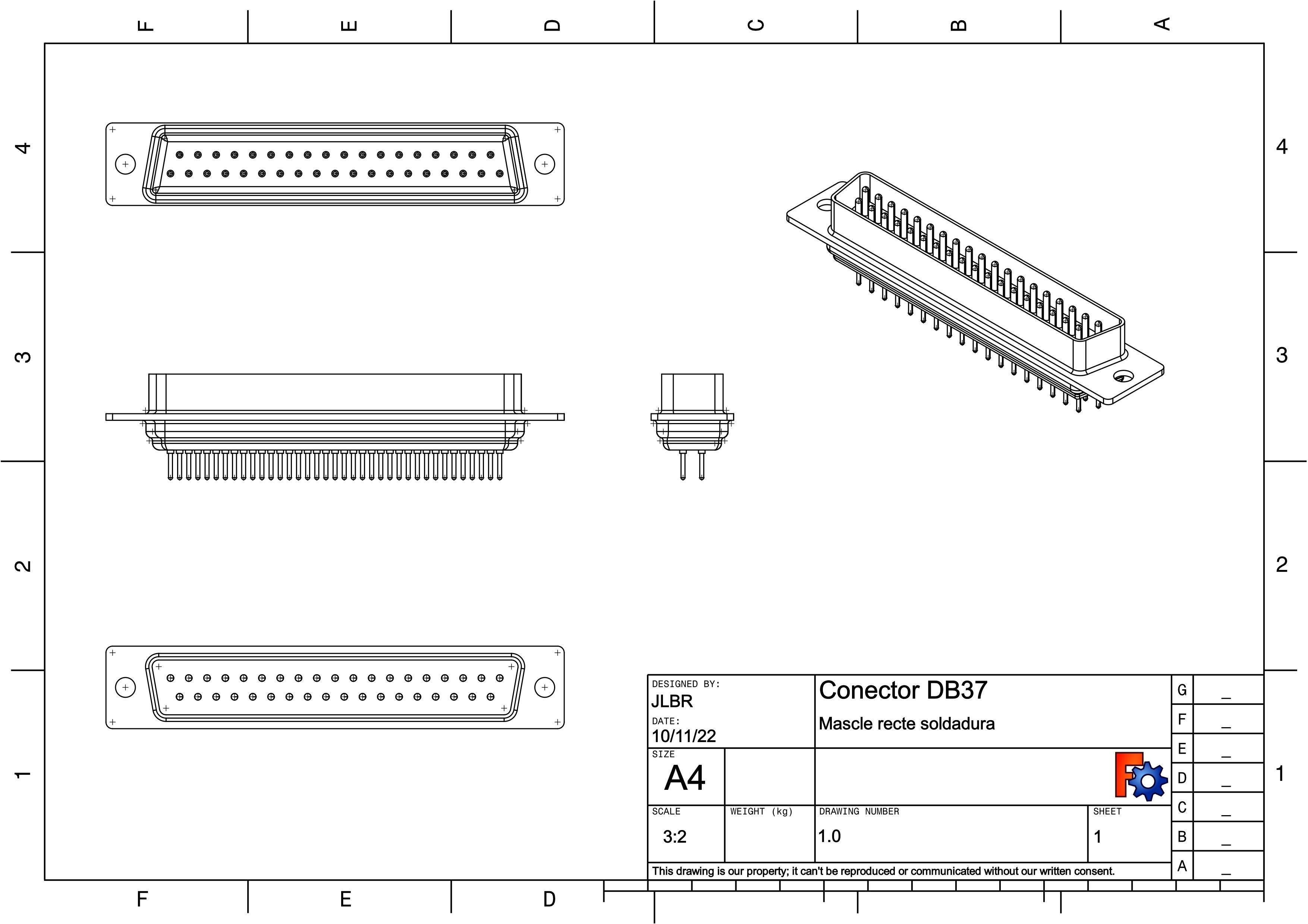 DB37 male connector through hole 3D model | CGTrader