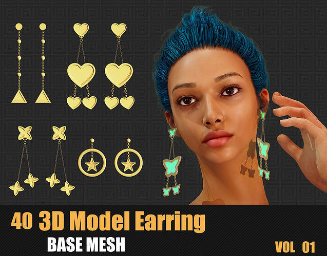 3D model 40 3D Earring Models In Maya For Game And Animation VR / AR ...