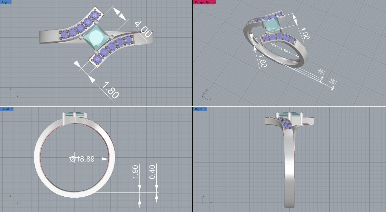 Classic Ring with 2 lines and quad gem 210612 R 3D model 3D printable ...