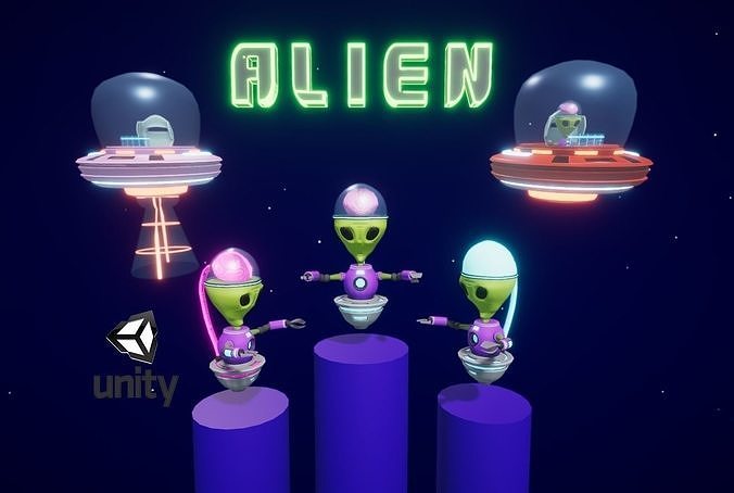 3D model Cartoon Style UFO and Alien Sci-fi Game asset VR / AR / low ...