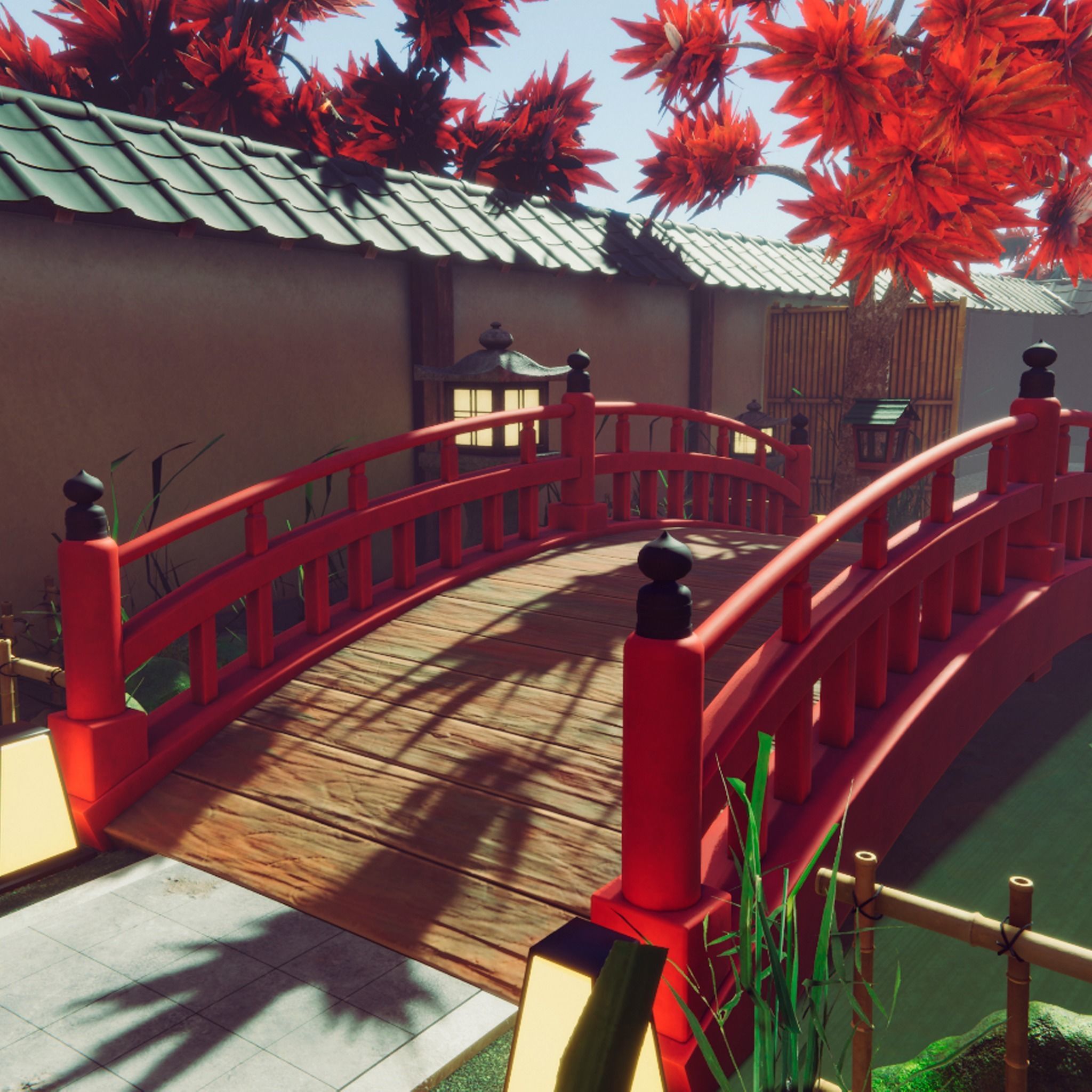 3D model Japanese Red brigde torii garden low poly gameready VR AR VR ...