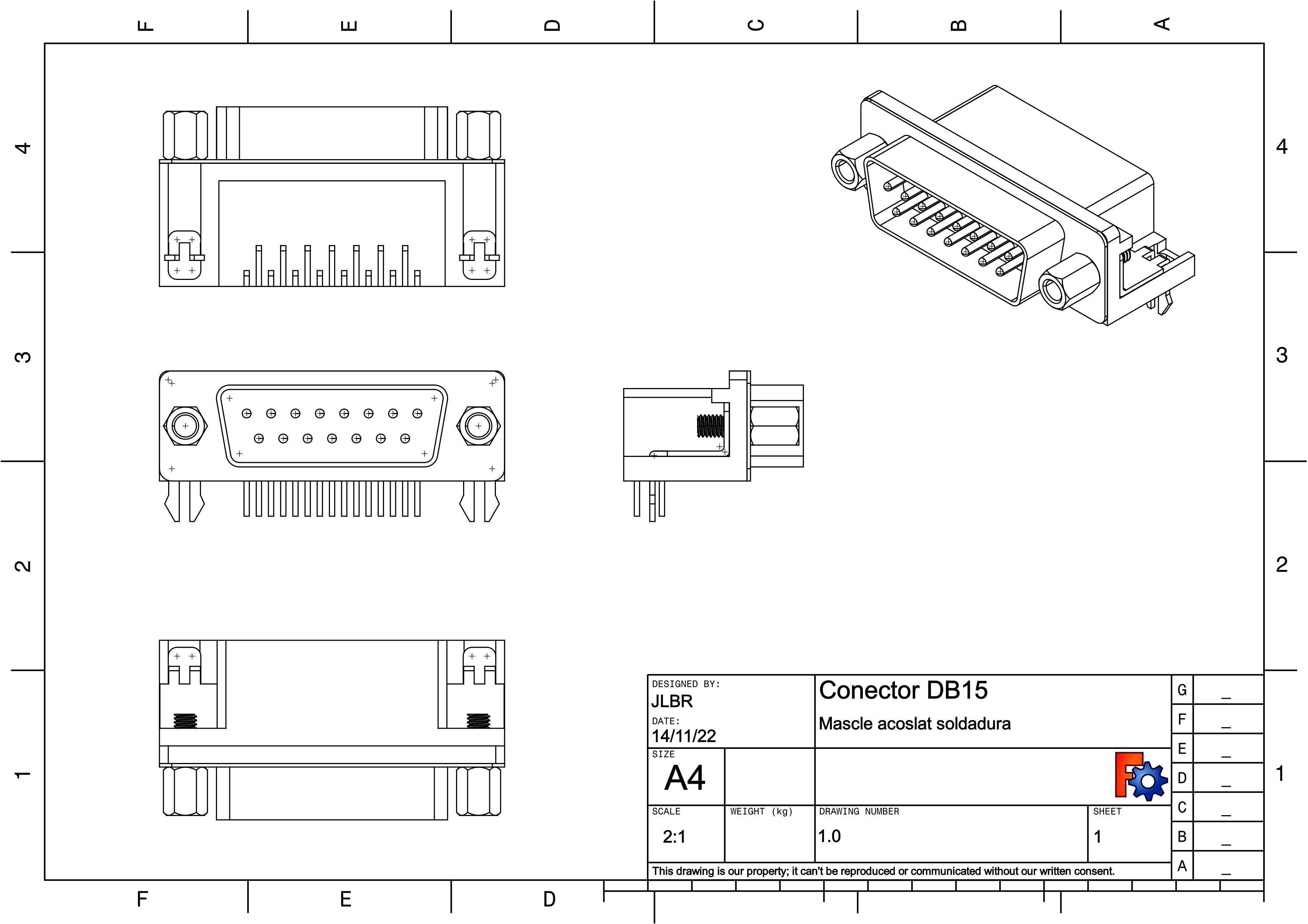 DB15 male connector elbow through hole 3D model | CGTrader