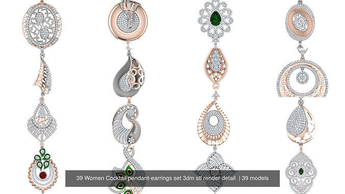 39 Women Cocktail pendant-earrings set 3dm stl render detail 3D Model ...