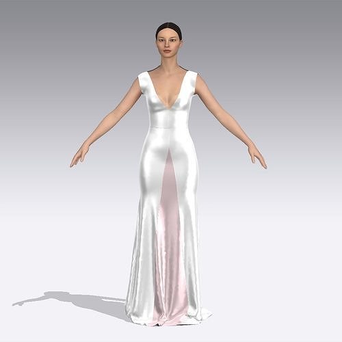 DRESS WHITE SILK SATIN AND POWDER PINK COLOR V NECKLINE 3D model | CGTrader