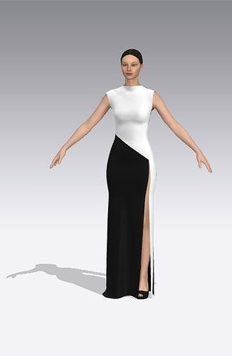 COLOR BLOCK BLACK AND WHITE LOOK DRESS LONG 3D model | CGTrader