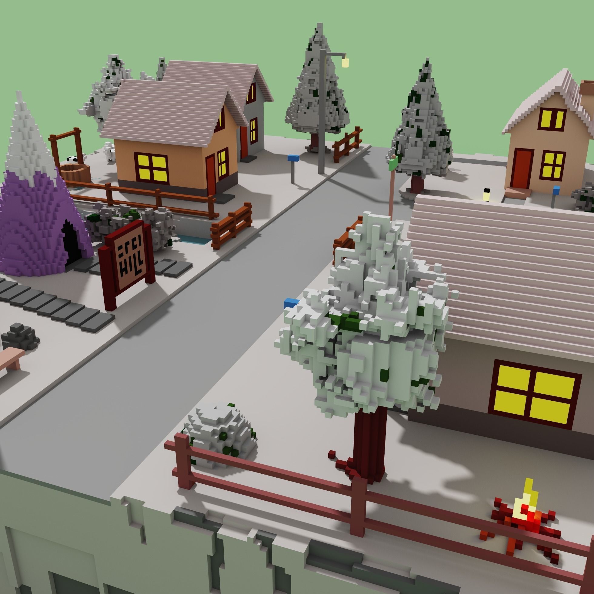 Snowy village voxel 3D model | CGTrader