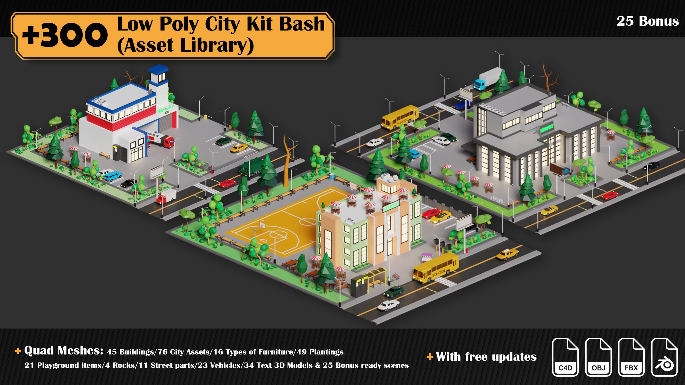 3D model Low Poly City Asset Library 300 Objects Kitbash VR / AR / low ...