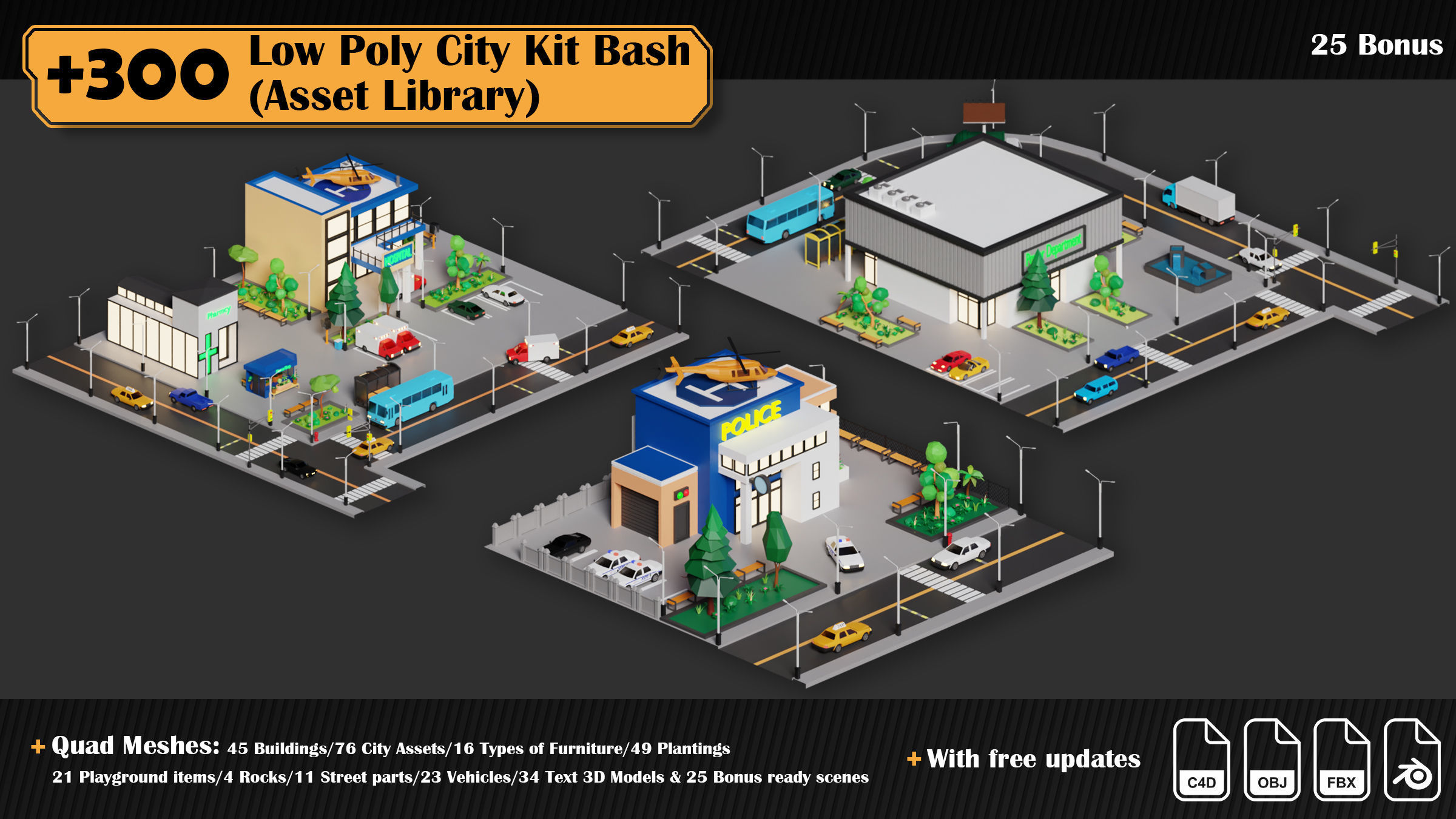 3D model Low Poly City Asset Library 300 Objects Kitbash VR / AR / low-poly | CGTrader